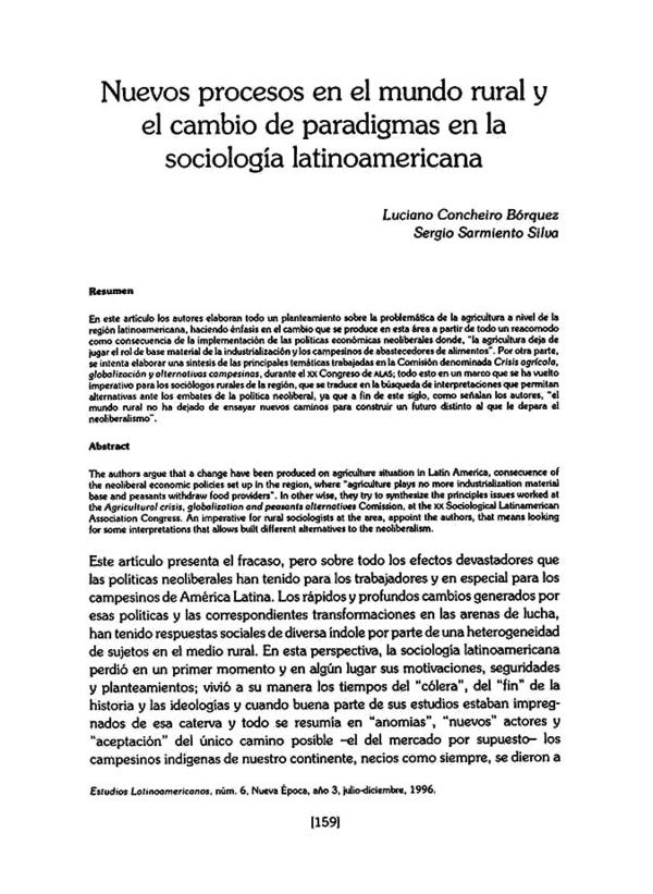 (PDF) Nuevos procesos en el mundo rural y el cambio de paradigmas en la sociología latinoamericana