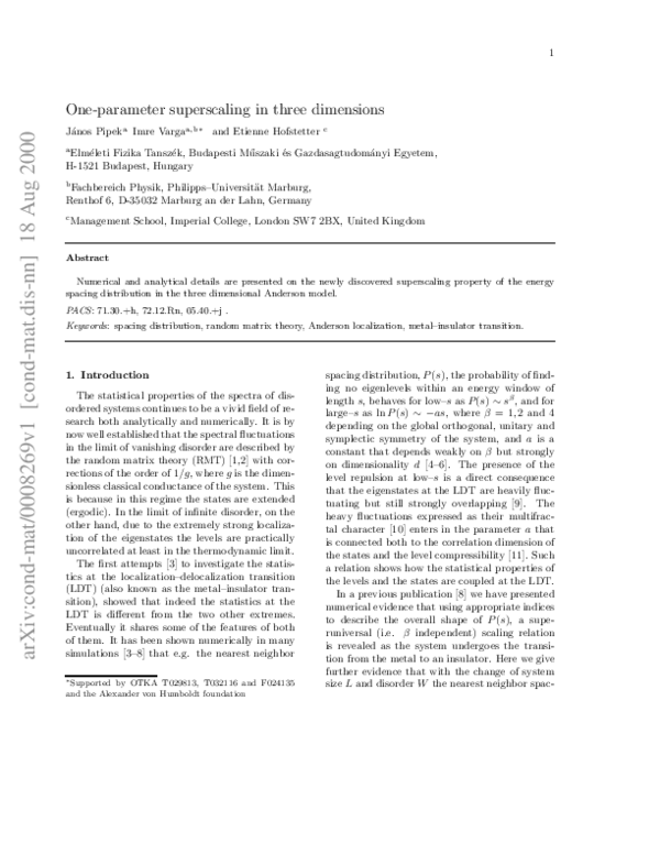 (PDF) One-parameter superscaling in three dimensions | Imre Varga - Academia.edu