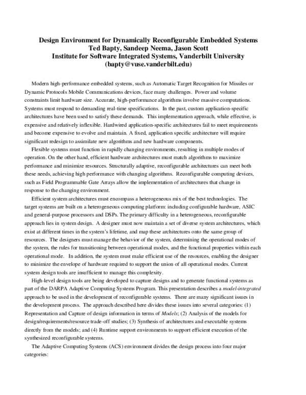 (PDF) Design Environment for Dynamically Reconfigurable Embedded Systems | Ted Bapty - Academia.edu
