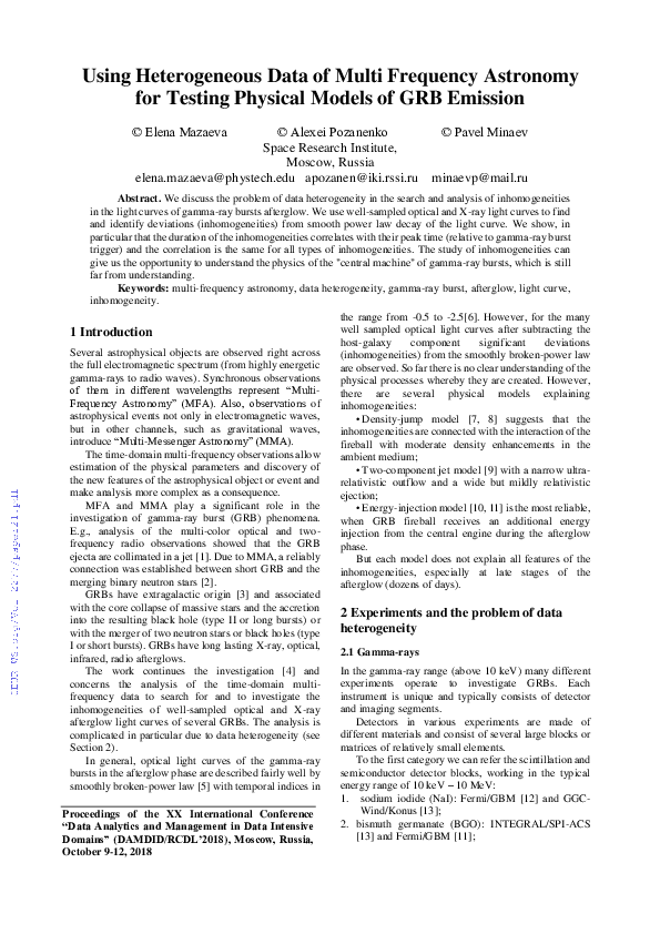 (PDF) Using Heterogeneous Data of Multi Frequency Astronomy for Testing ...