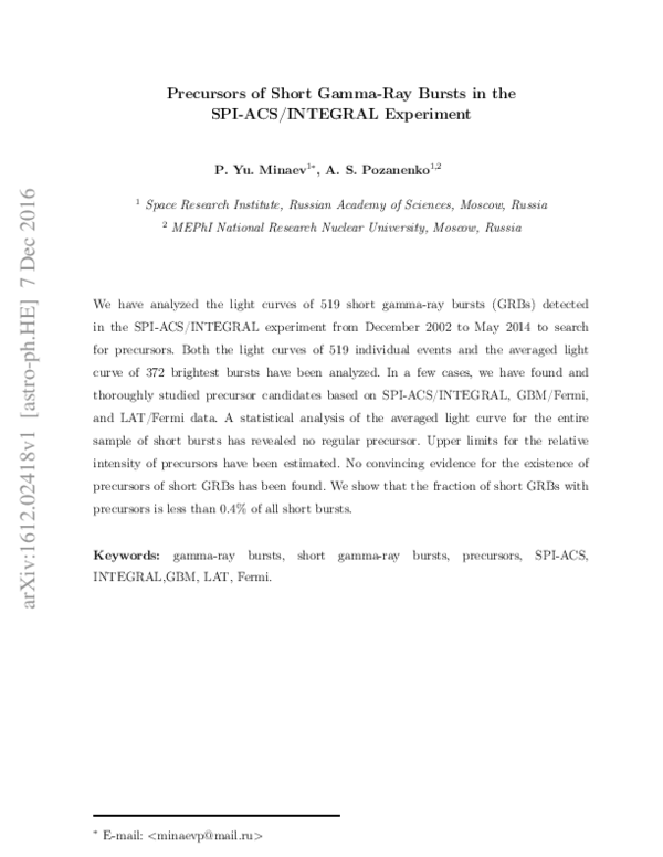 (PDF) Precursors of short gamma-ray bursts in the SPI-ACS/INTEGRAL ...