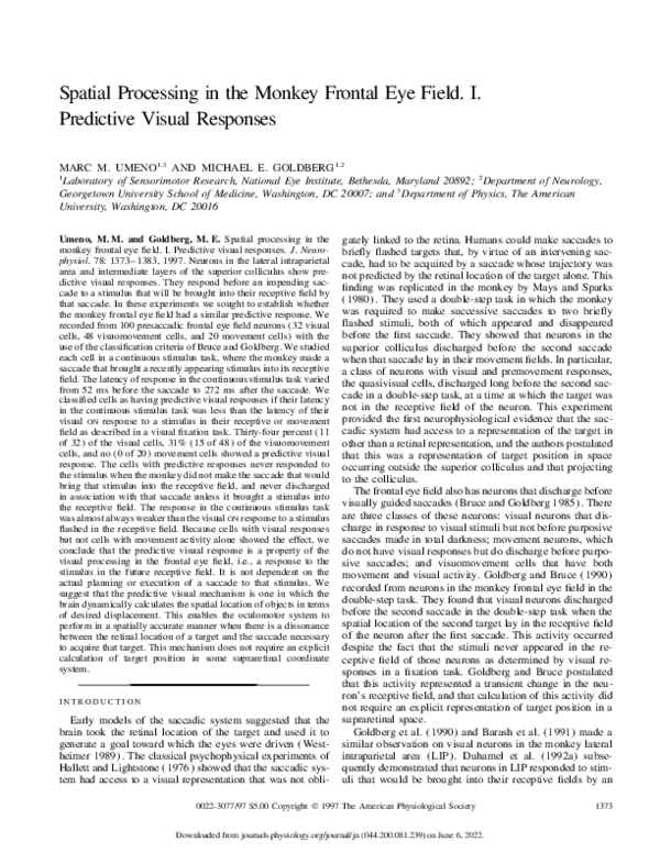 (PDF) Spatial Processing in the Monkey Frontal Eye Field. I. Predictive Visual Responses