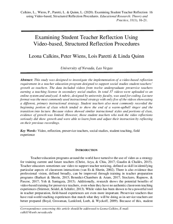 (PDF) Examining Student Teacher Reflection Using Video-Based ...