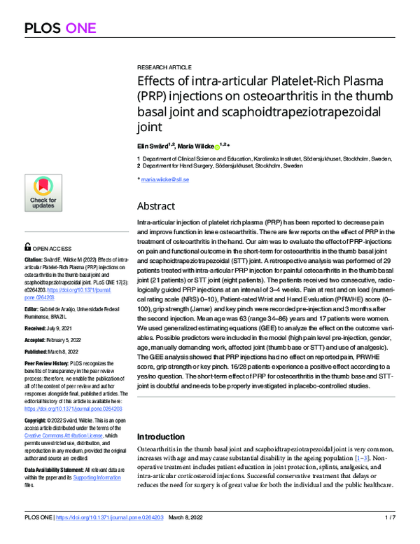 (PDF) Effects of intra-articular Platelet-Rich Plasma (PRP) injections on osteoarthritis in the ...