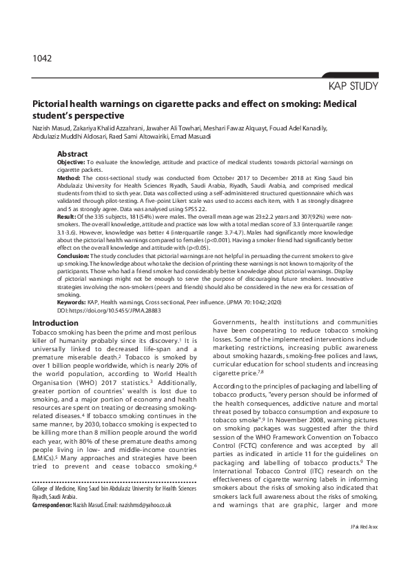 (PDF) Pictorial health warnings on cigarette packs and effect on ...