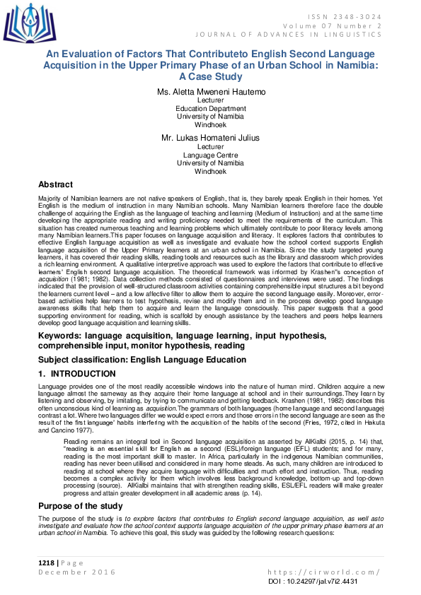 (PDF) An Evaluation of Factors That Contributeto English Second ...