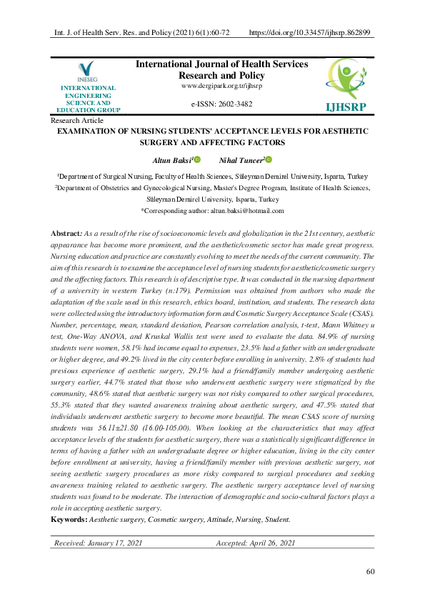 (PDF) Examination of Nursing Students' Acceptance Levels for Aesthetic ...
