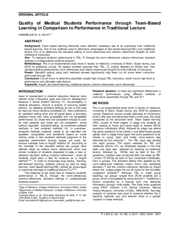 (PDF) Quality of Medical Students Performance through Team-Based Learning in Comparison to ...