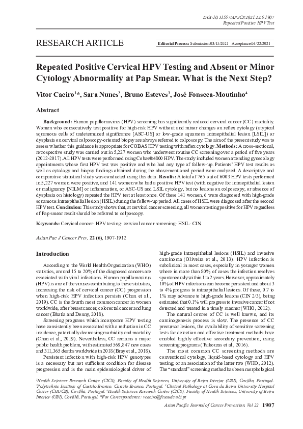 (PDF) Repeated Positive Cervical HPV Testing and Absent or Minor ...