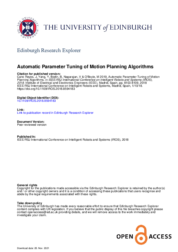 (PDF) Automatic Parameter Tuning of Motion Planning Algorithms