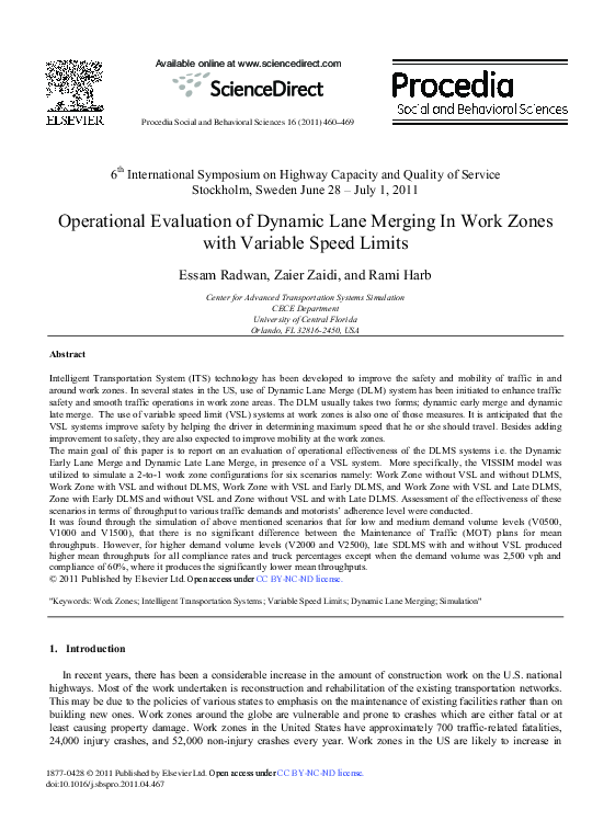 Pdf Operational Evaluation Of Dynamic Lane Merging In Work Zones With Variable Speed Limits
