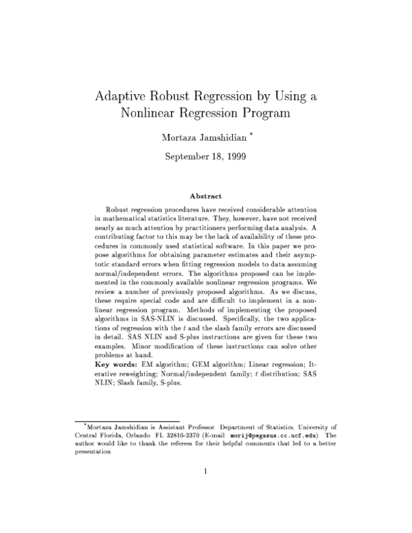 Pdf Adaptive Robust Regression By Using A Nonlinear Regression Program