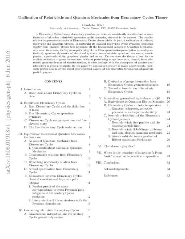 (PDF) Unification of Relativistic and Quantum Mechanics from Elementary Cycles Theory