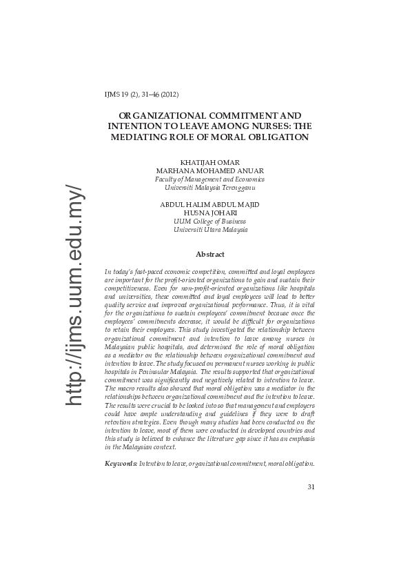 (PDF) Organizational Commitment and Intention to Leave Among Nurses: The Mediating Role of Moral ...