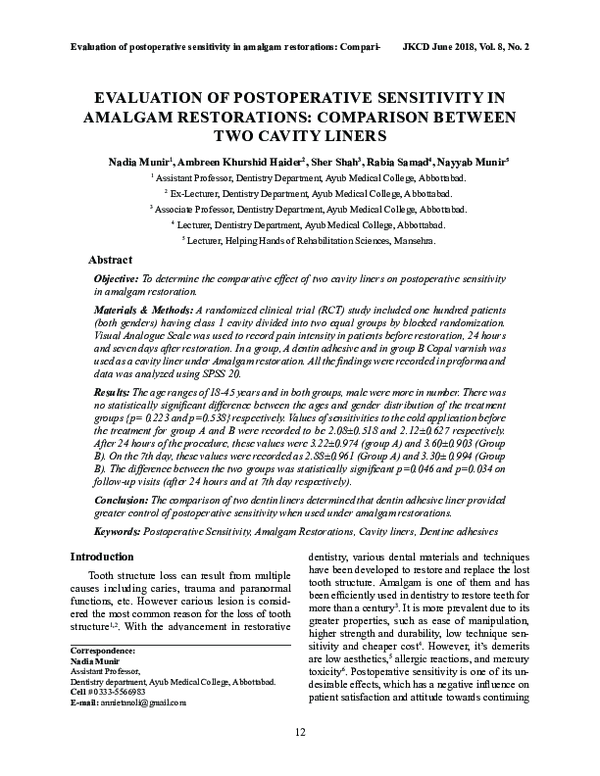 Pdf Evaluation Of Postoperative Sensitivity In Amalgam Restorations Comparison Between Two