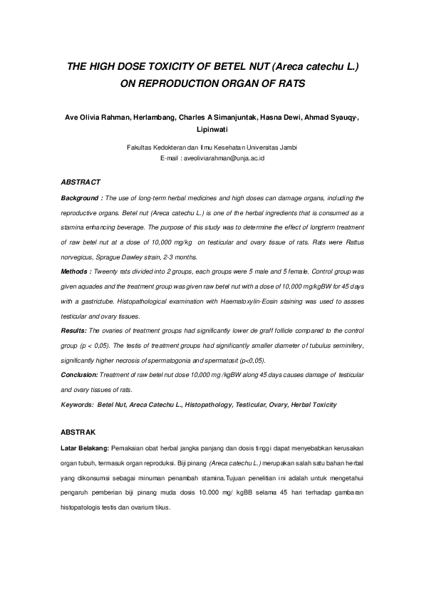 (PDF) THE HIGH DOSE TOXICITY OF BETEL NUT (Areca catechu L.) ON REPRODUCTION ORGAN OF RATS