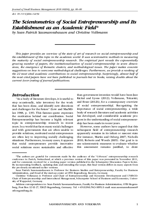 (PDF) The Scientometrics of Social Entrepreneurship and Its ...