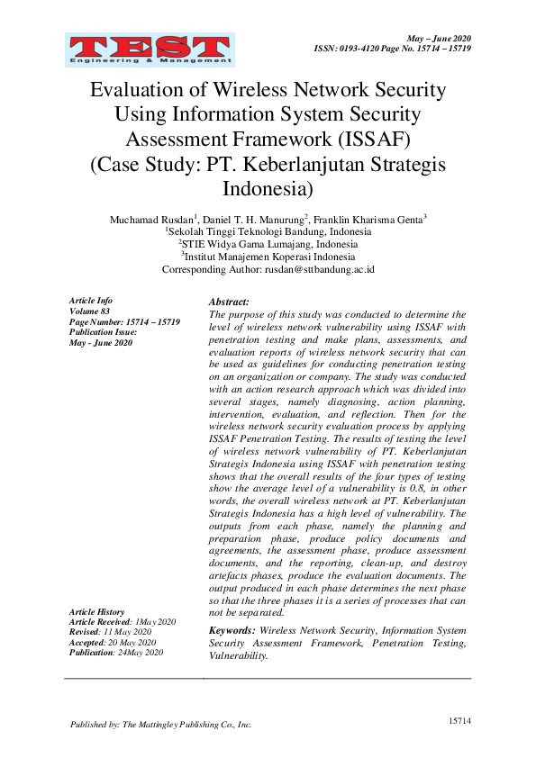 Pdf Evaluation Of Wireless Network Security Using Information System Security Assessment