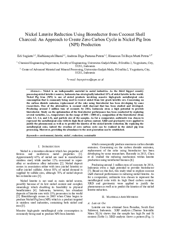 (PDF) Nickel Laterite Reduction Using Bioreductor from Coconut Shell Charcoal: An Approach to ...