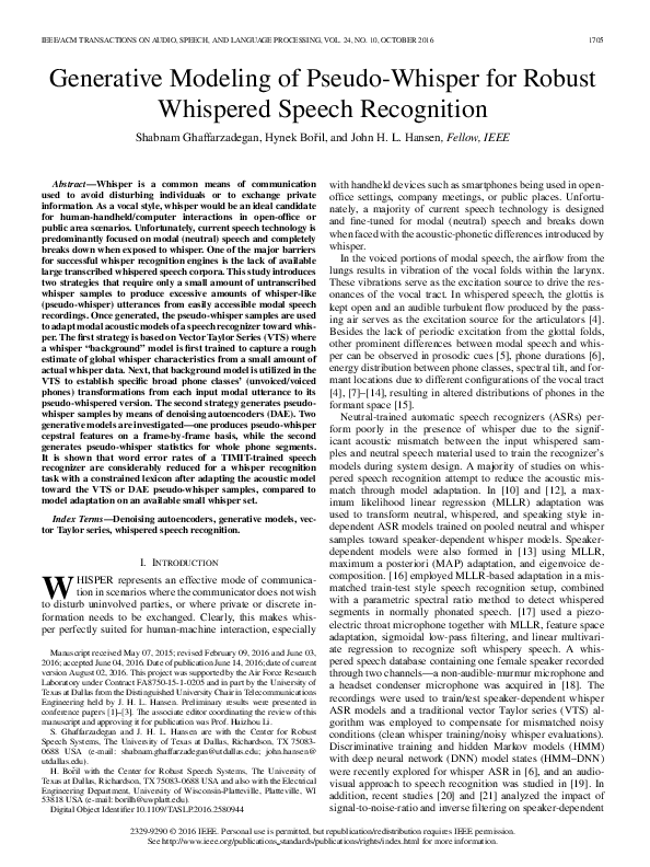 (PDF) Generative Modeling of Pseudo-Whisper for Robust Whispered Speech Recognition