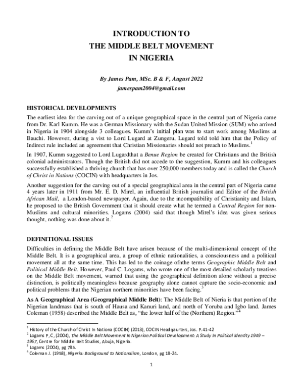 (PDF) INTRODUCTION TO THE MIDDLE BELT MOVEMENT IN NIGERIA mbc