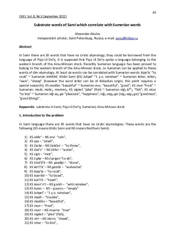 (PDF) Substrate words of Sami which correlate with Sumerian words