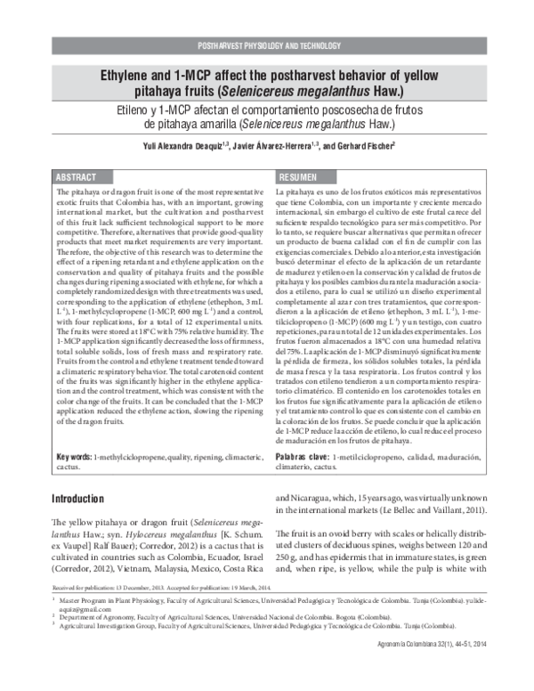 (PDF) Ethylene and 1-MCP affect the postharvest behavior of yellow pitahaya fruits (Selenicereus ...