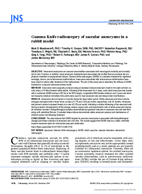 (PDF) Gamma Knife radiosurgery of saccular aneurysms in a rabbit model ...