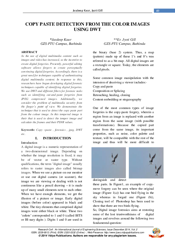 (PDF) Copy Paste Detection from the Color Images Using DWT