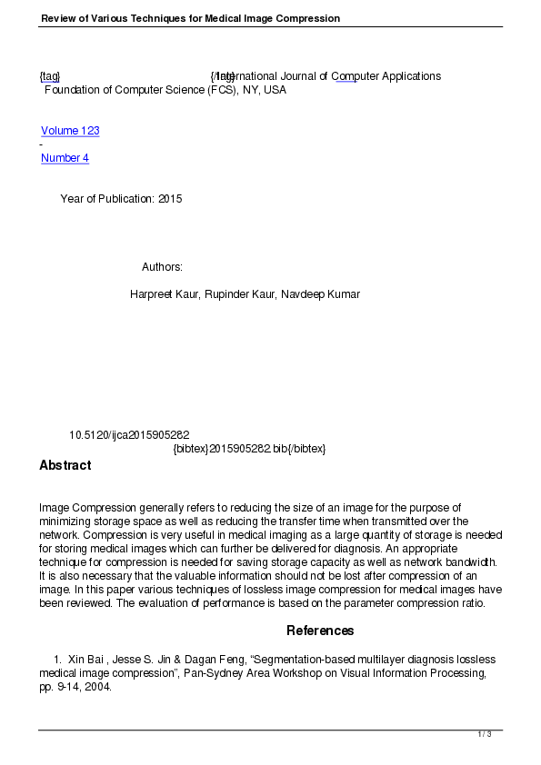 (PDF) Review of Various Techniques for Medical Image Compression