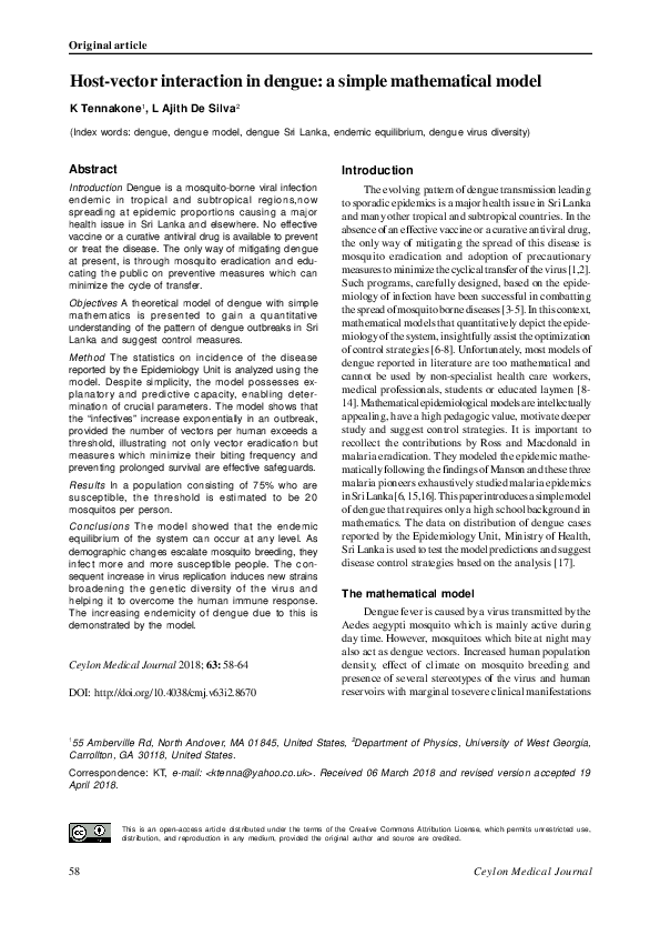 (PDF) Host-vector interaction in dengue: a simple mathematical model | Kirthi Tennakone ...