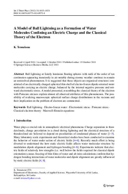 (PDF) A Model of Ball Lightning as a Formation of Water Molecules ...
