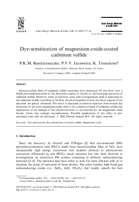 (PDF) Dye-sensitization of magnesium-oxide-coated cadmium sulfide