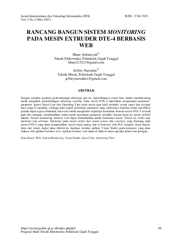 (PDF) Rancang Bangun Sistem Monitoring Pada Mesin Extruder DTE-4 Berbasis Web