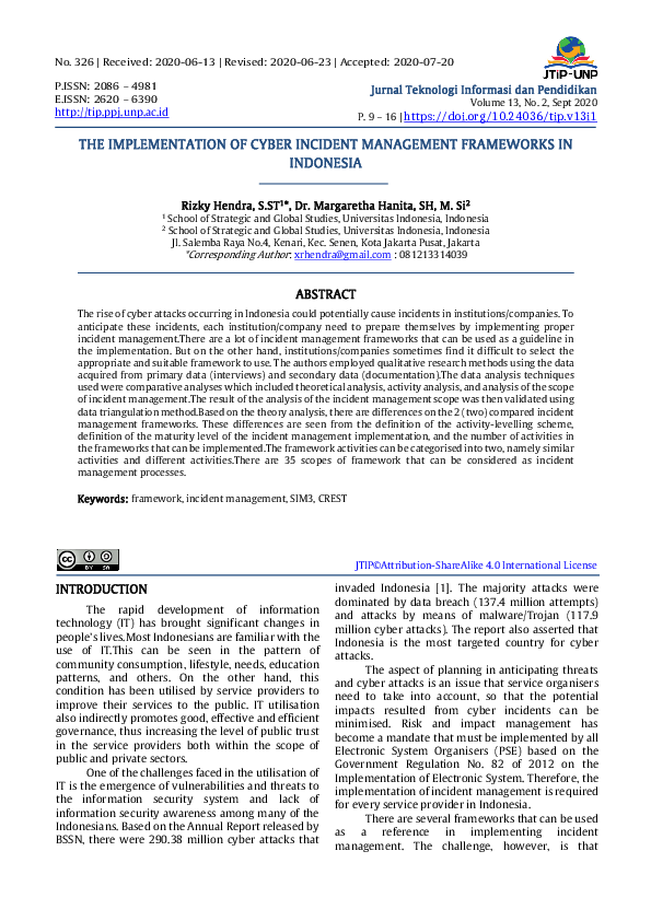 Pdf The Implementation Of Cyber Incident Management Frameworks In Indonesia