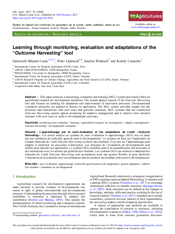 (PDF) Learning through monitoring, evaluation and adaptations of the “Outcome Harvesting” tool ...