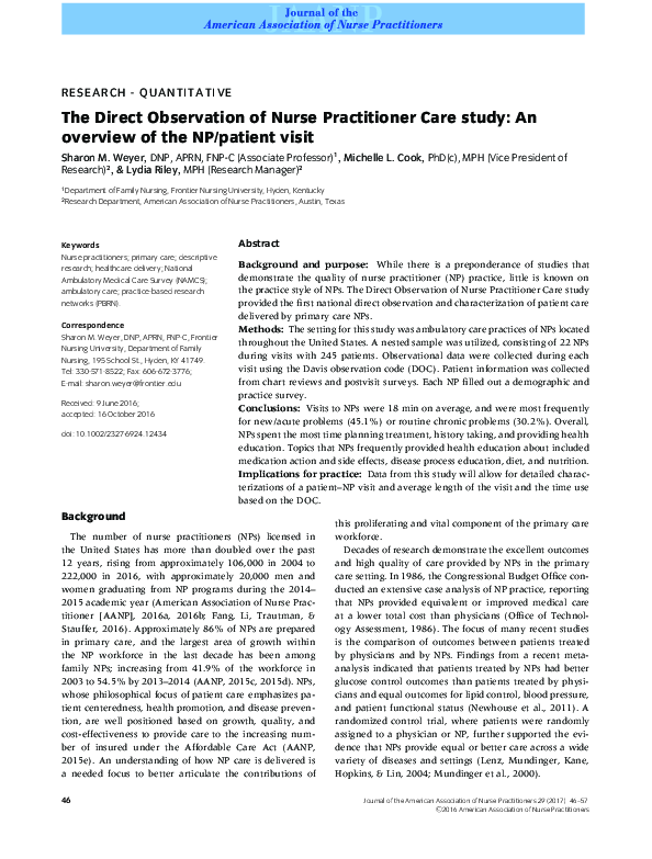 (PDF) The Direct Observation of Nurse Practitioner Care study: An ...