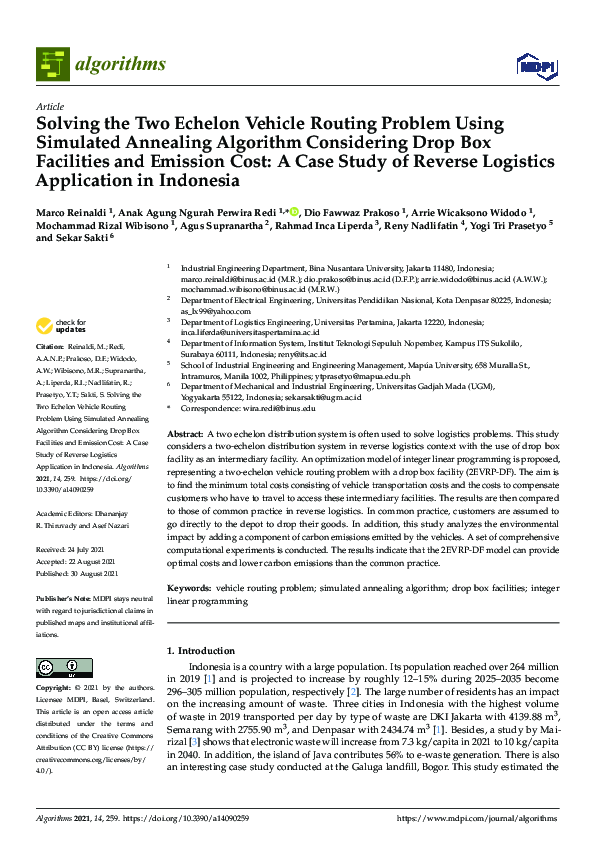 Pdf Solving The Two Echelon Vehicle Routing Problem Using Simulated Annealing Algorithm