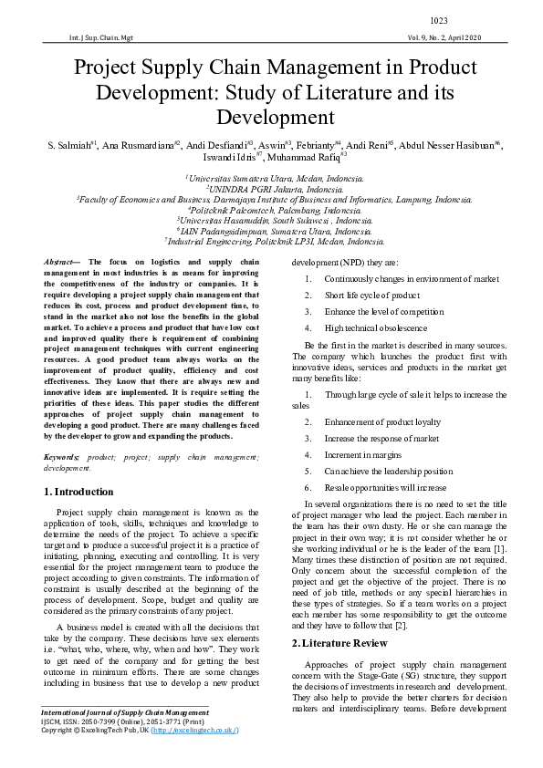 (PDF) Project Supply Chain Management in Product Development: Study of Literature and its ...