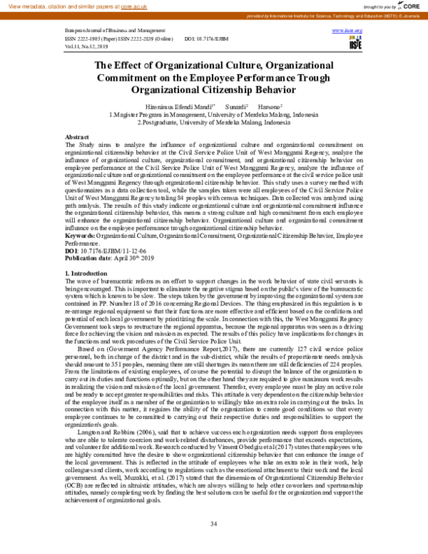 (PDF) The Effect of Organizational Culture, Organizational Commitment on the Employee ...