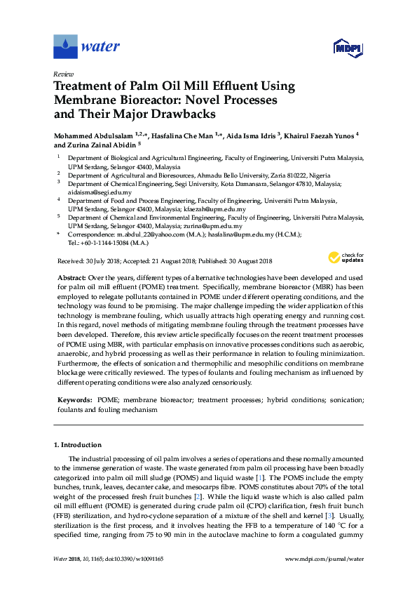 (PDF) Treatment of Palm Oil Mill Effluent Using Membrane Bioreactor: Novel Processes and Their ...