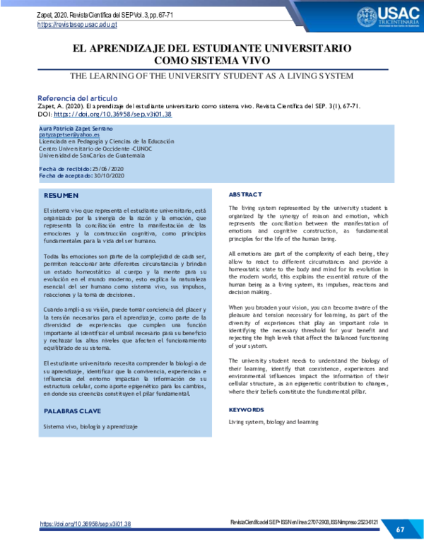 (PDF) El Aprendizaje del Estudiante Universitario como Sistema Vivo