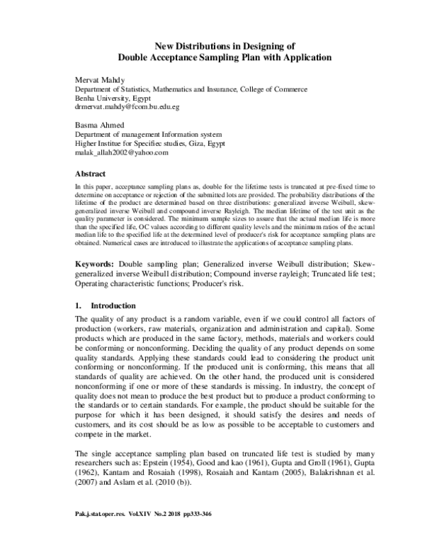 (PDF) Designing Double Acceptance Sampling Plans with New Distributions