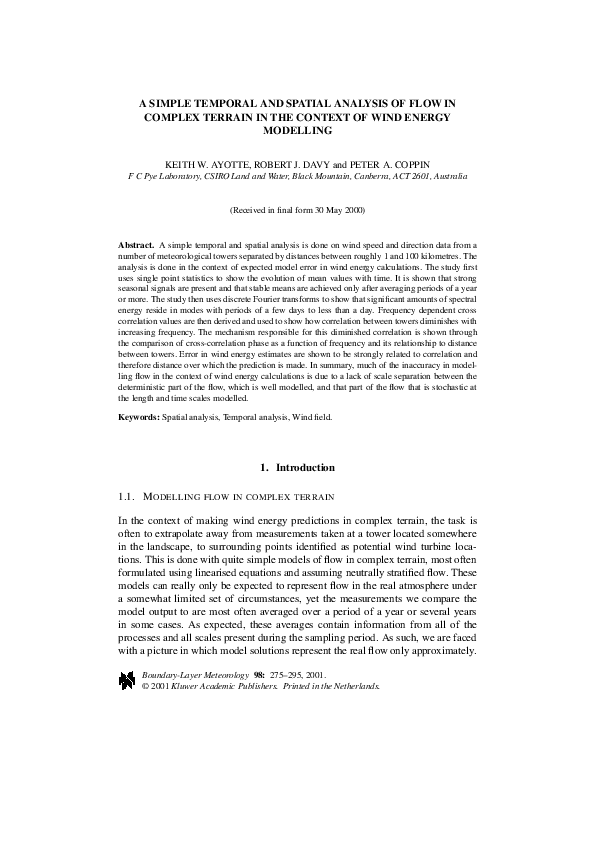Pdf A Simple Temporal And Spatial Analysis Of Flow In Complex Terrain In The Context Of Wind