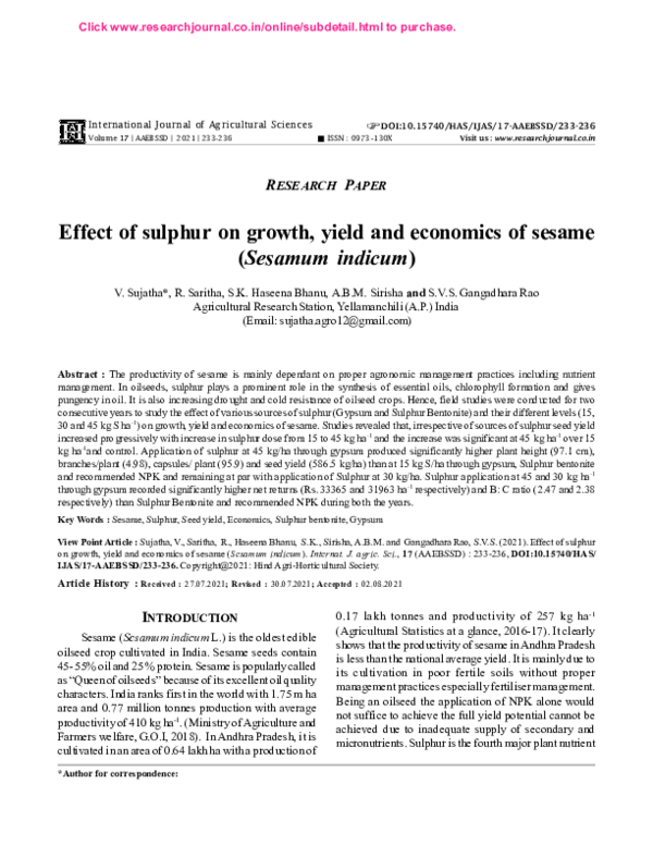 (PDF) Effect of sulphur on growth, yield and economics of sesame ...