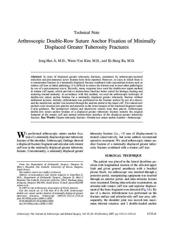 (PDF) Arthroscopic Double-Row Suture Anchor Fixation of Minimally ...