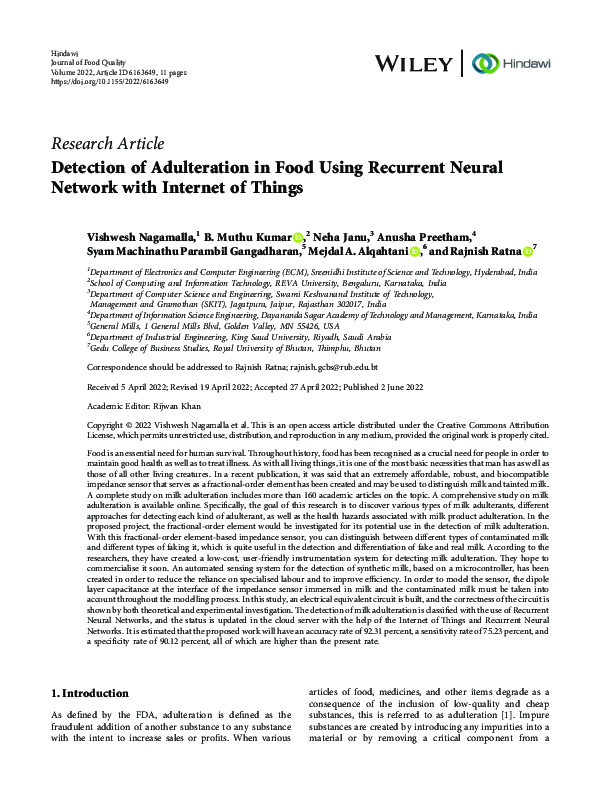 Pdf Detection Of Adulteration In Food Using Recurrent Neural Network