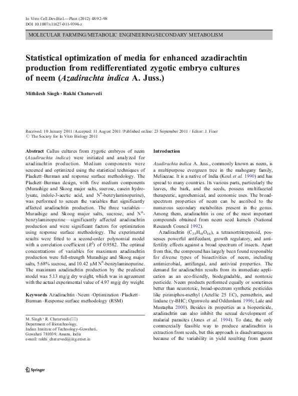 (PDF) Statistical optimization of media for enhanced azadirachtin production from ...