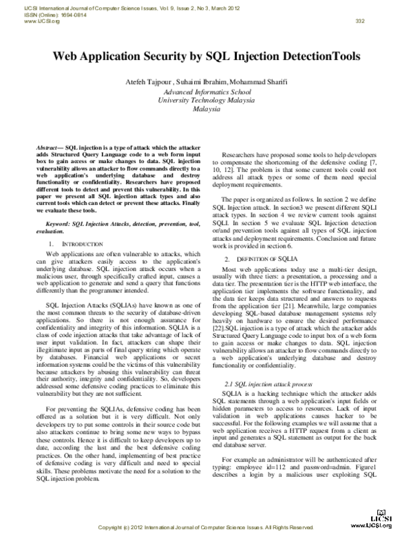 (PDF) Web Application Security by SQL Injection DetectionTools