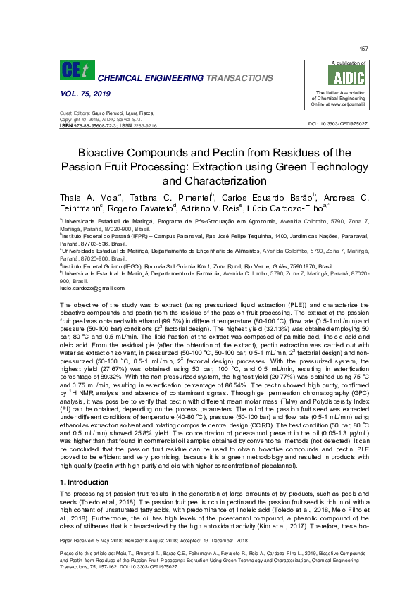 (PDF) Bioactive Compounds and Pectin from Residues of the Passion Fruit Processing: Extraction ...